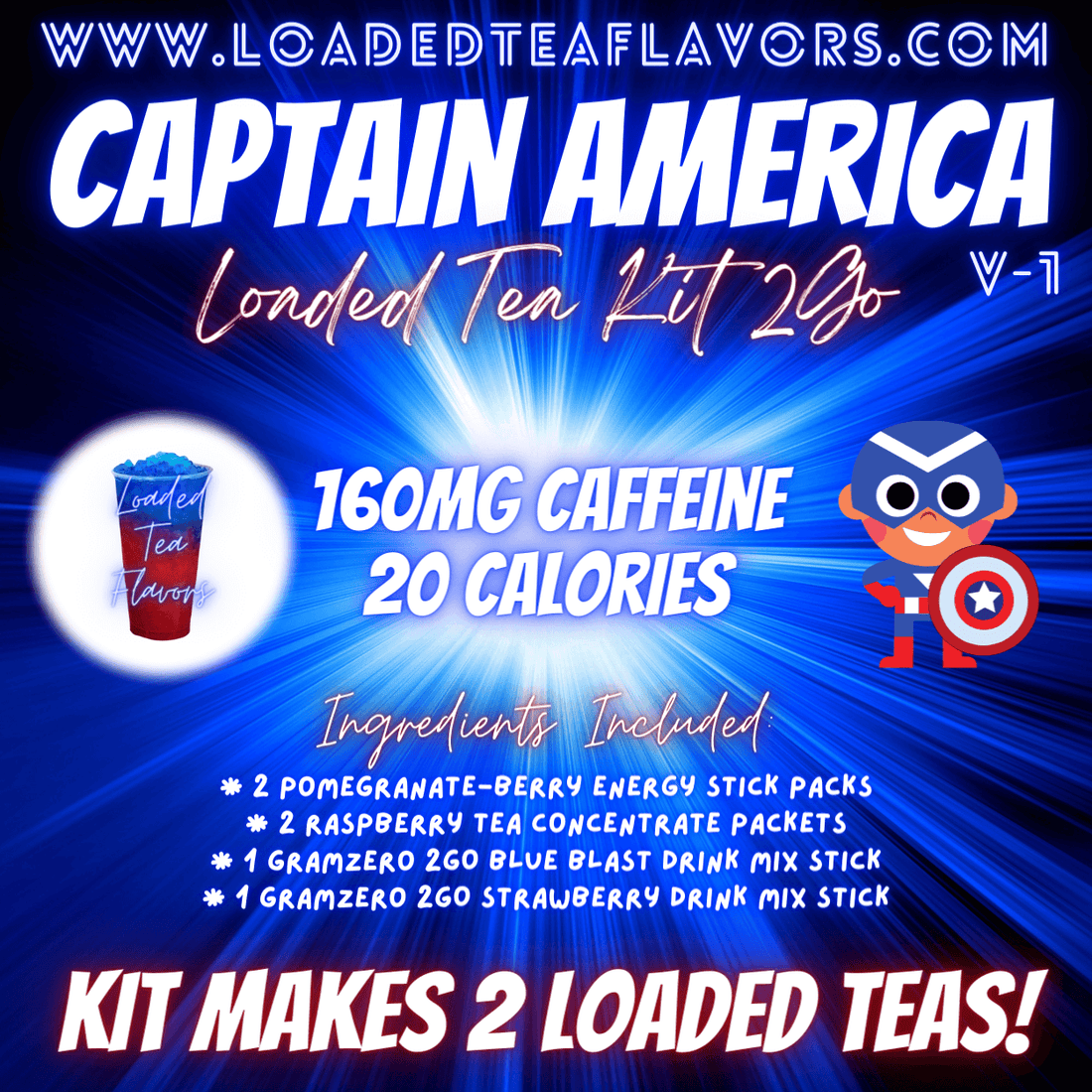 Captain America® Flavored 🚀 Loaded Tea Kit 2GO ~ Makes 2-32oz Teas ...